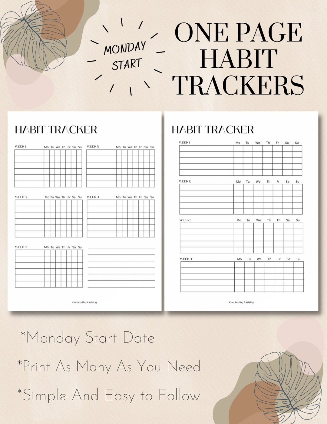 MONDAY Start | One Page Habit Tracker Planners | Weekly Planning ...