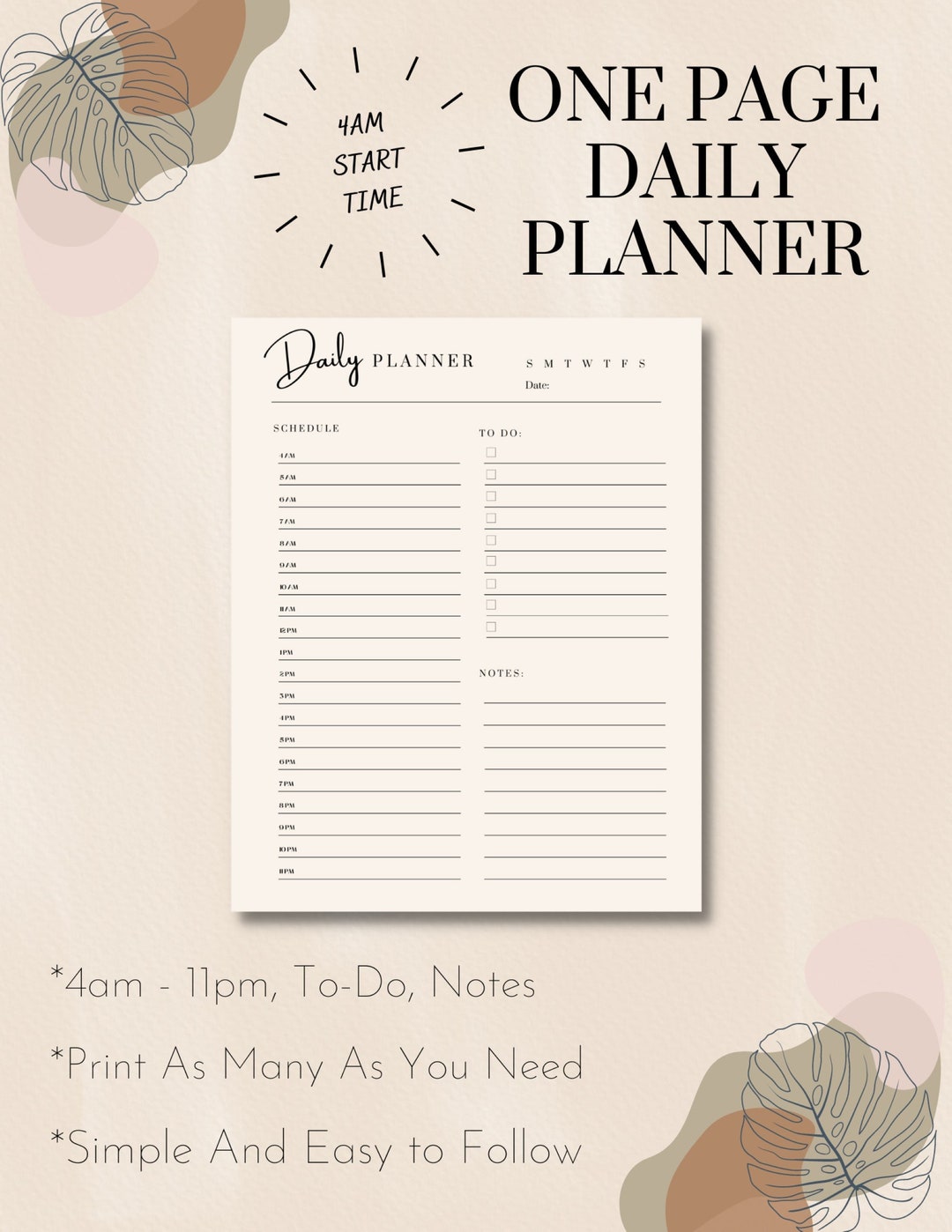 4AM Start | One Page Daily Planner | Undated Planner | Daily Schedule ...