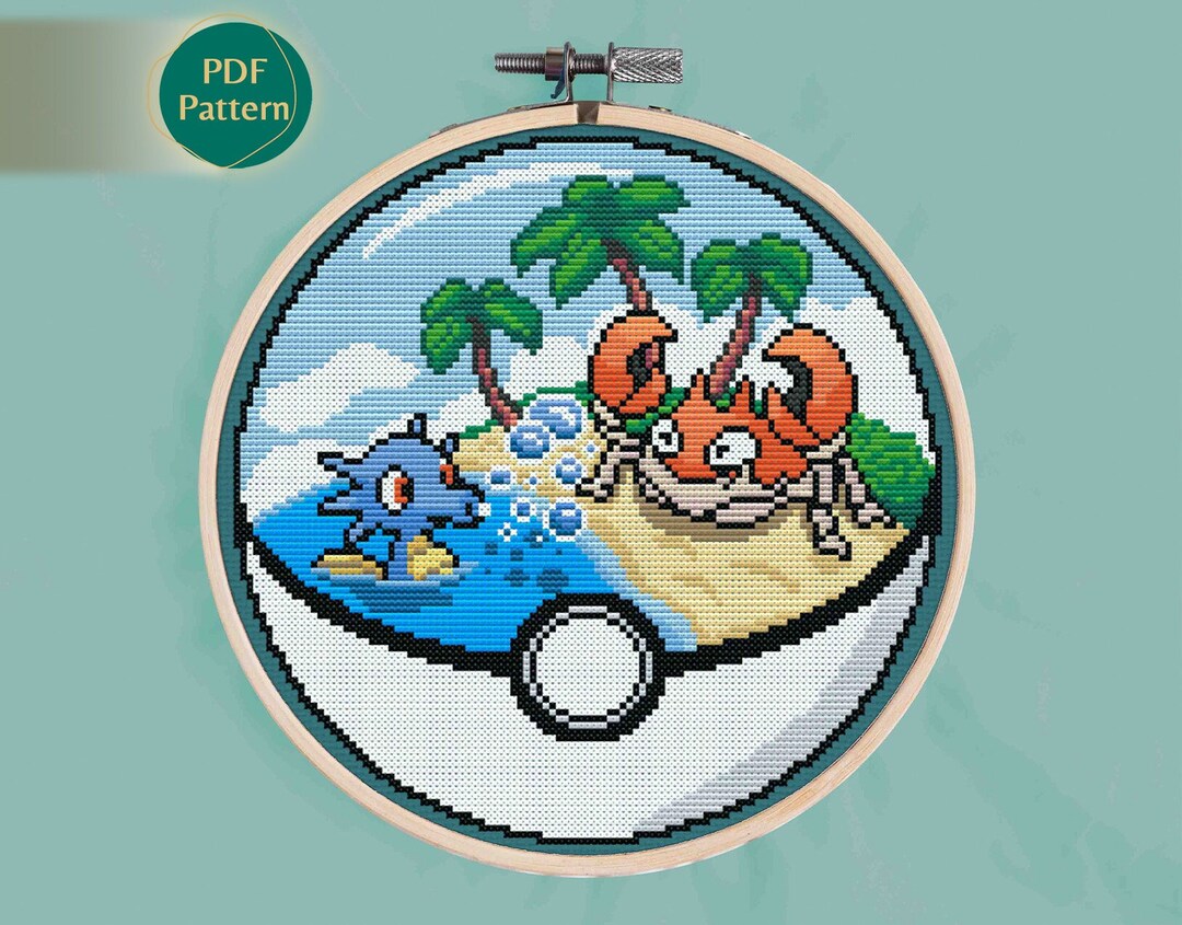 Water Type Cross Stitch Pattern, Pokeball terrarium Krabby and Horsea ...