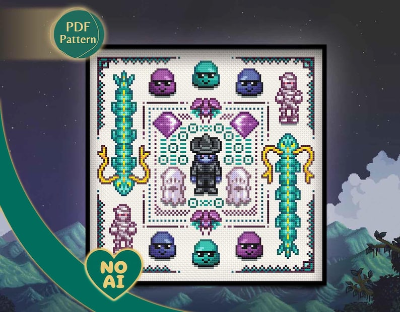Cottagecore Horror Cross Stitch Pattern - Dark Cavern Slimes & Bats ...