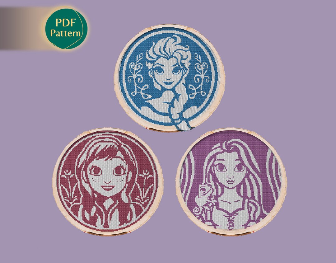 3x1 Princesses Cross Stitch Pattern, Elsa, Anna and Rapunzel, Tangled ...