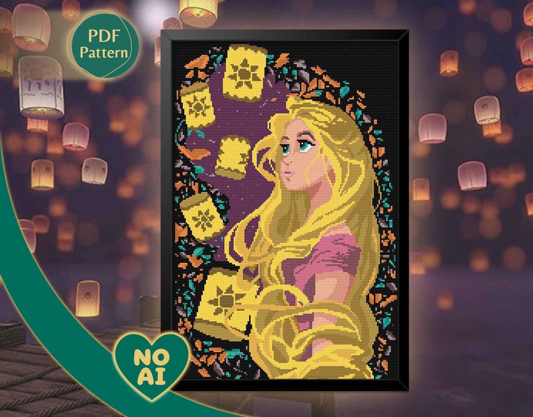 Rapunzel Cross Stitch Pattern – Tangled Princess, Floating Lanterns ...