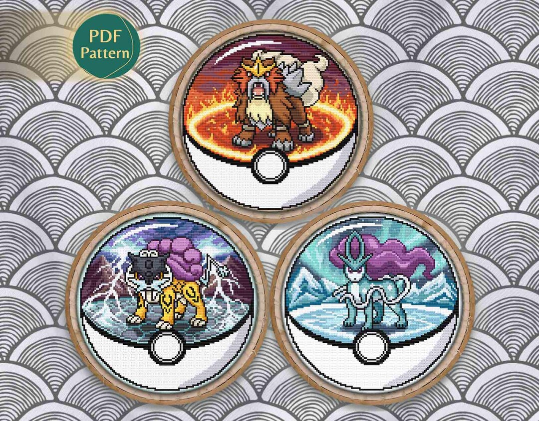 Legendary Beasts Pokeball Cross Stitch Pattern: Raikou, Entei, Suicune ...