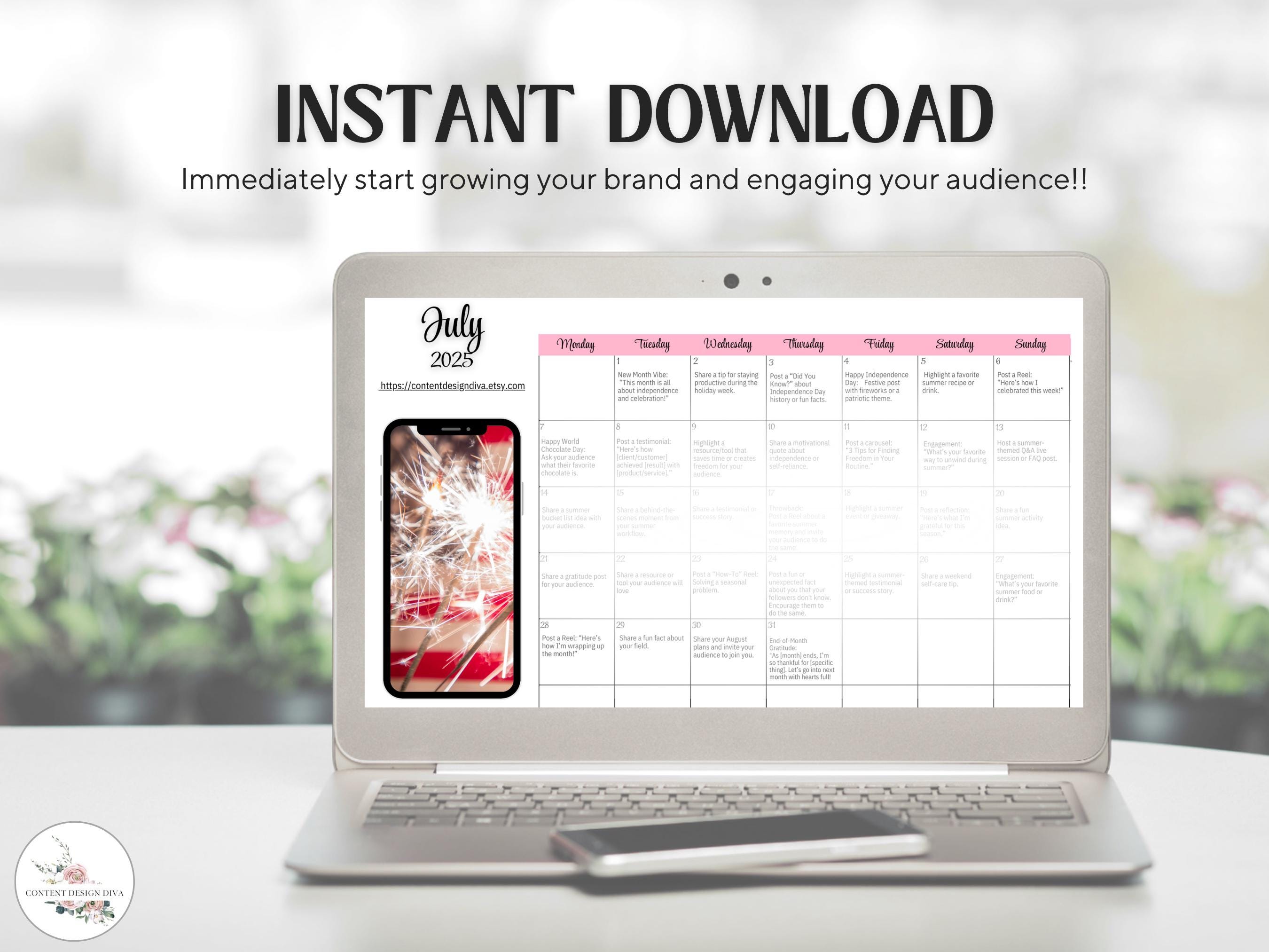 Social Media Content Calendar Daily Post Ideas Social Media Instant ...