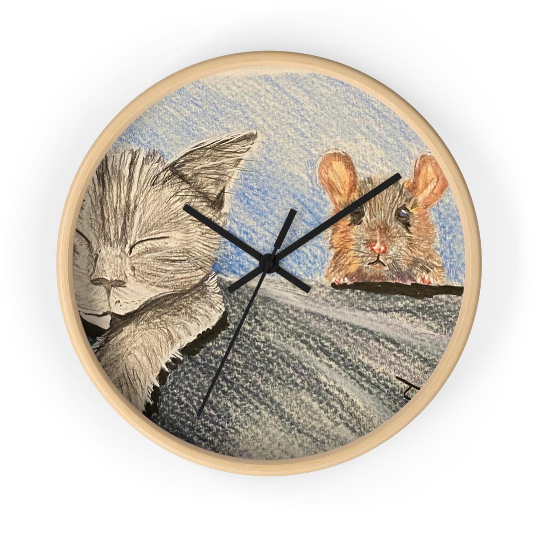 Sneaky Mouse Sneaking up on Sleeping Cat Wall Clock | Whimsical Animal ...