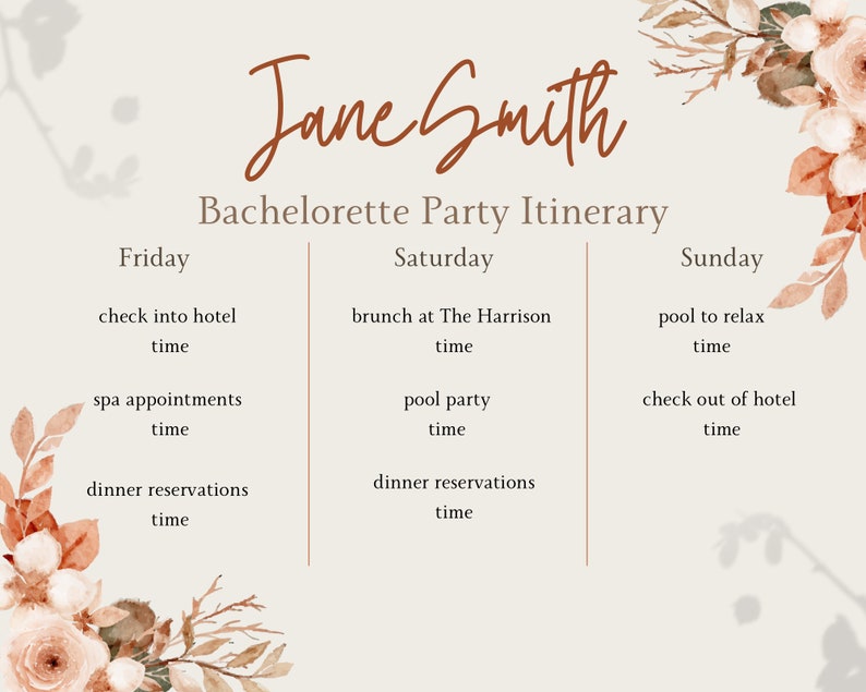 Bachelorette Party Itinerary Template - Etsy