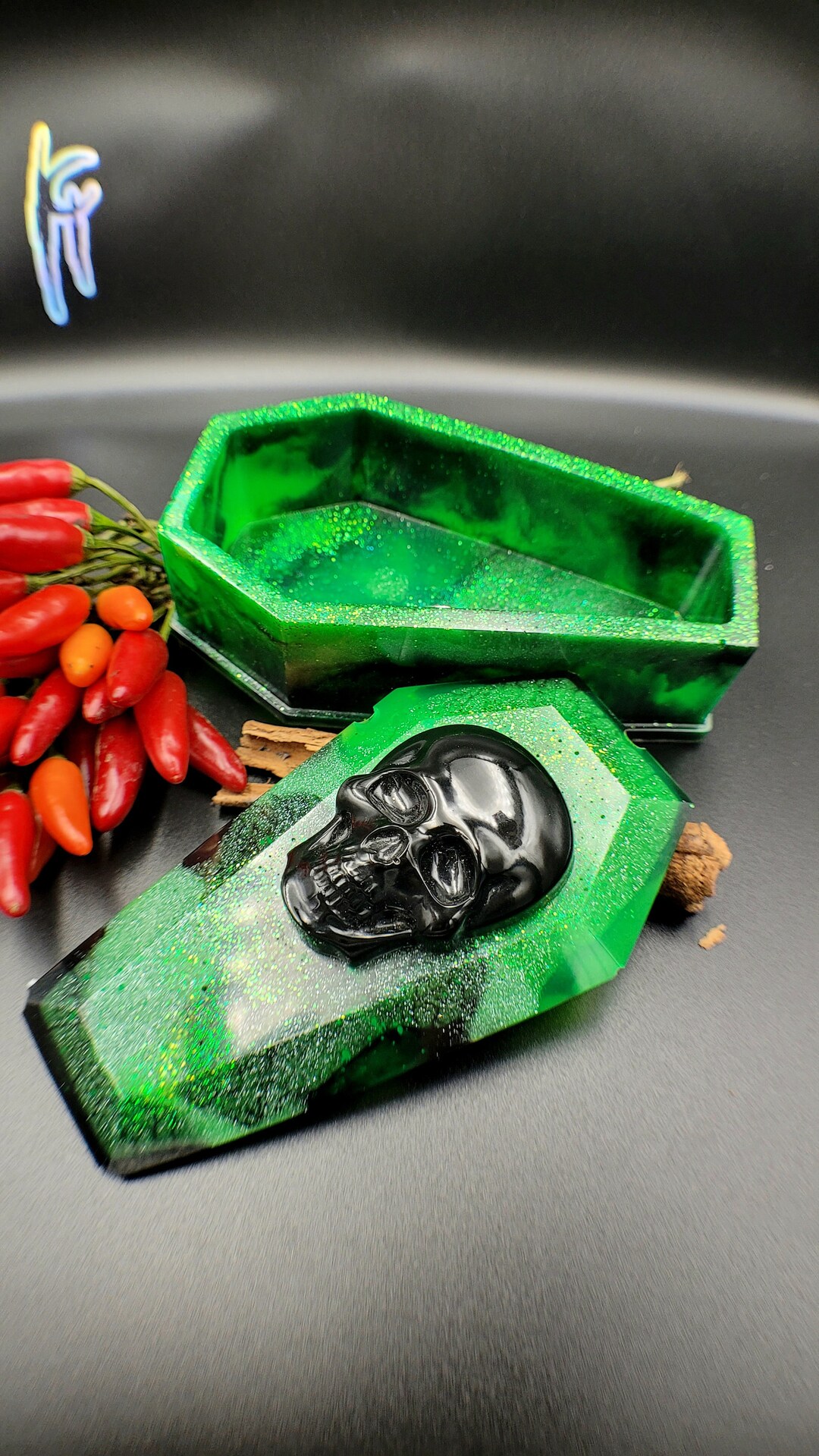 Gothic Decor // Coffin Jewelry Box With Skull // Black Green // Spooky ...