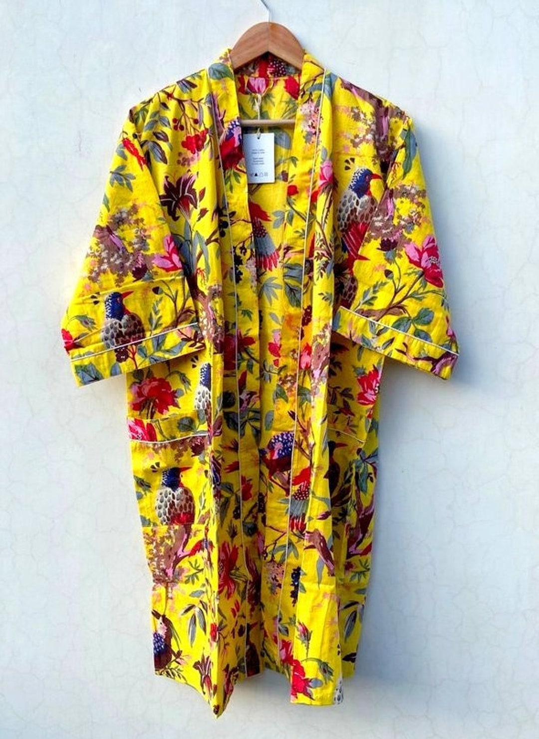 Cotton Kimono Robe, Bird Print Bath Robe, Boho Wrap Dress - Etsy