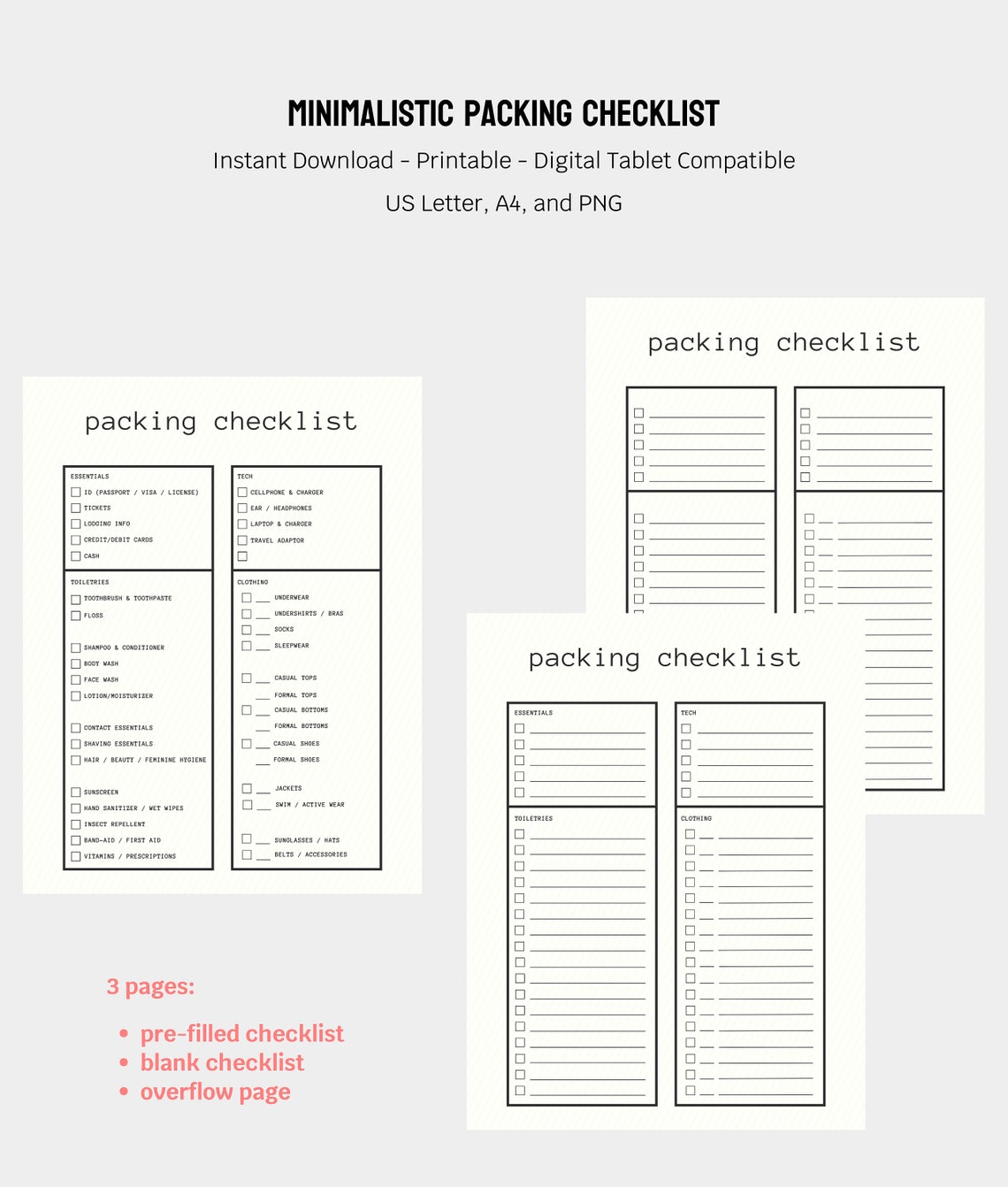 Minimalistic Packing Checklist Instant Download Printable Editable ...