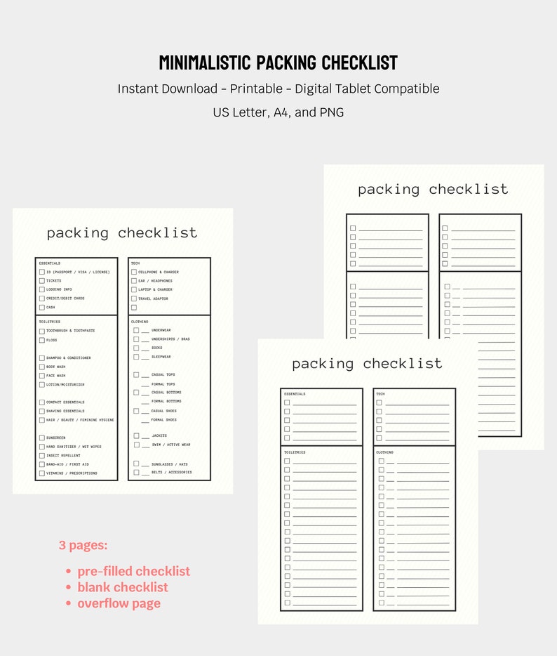 Minimalistic Packing Checklist | Instant Download | Printable ...