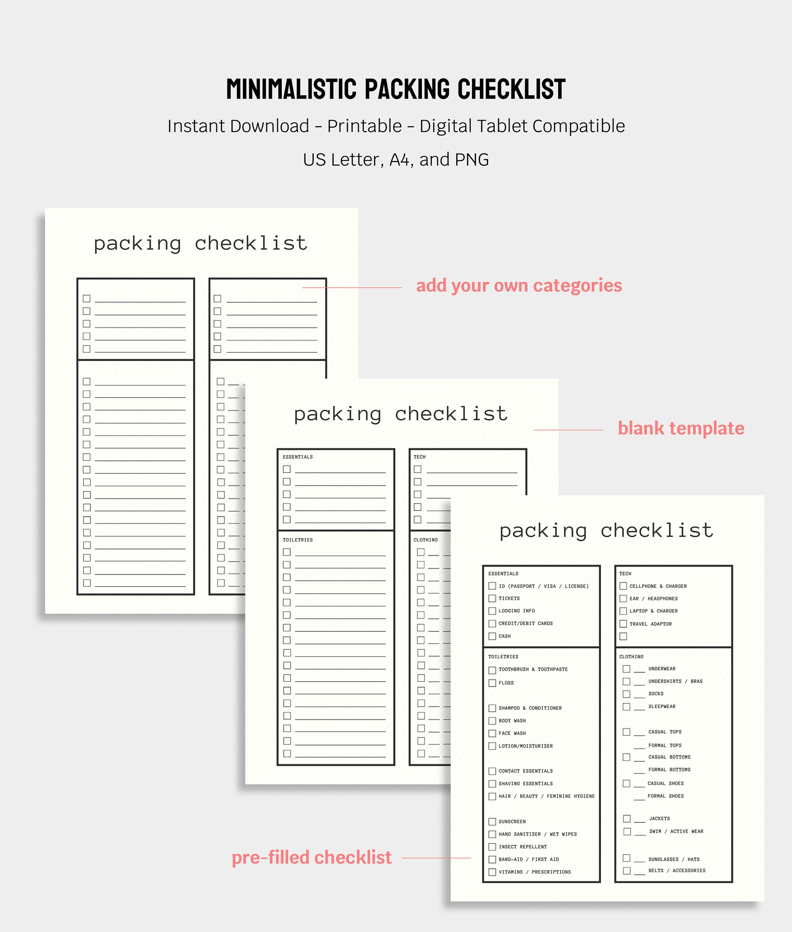Minimalistic Packing Checklist Instant Download Printable Editable ...