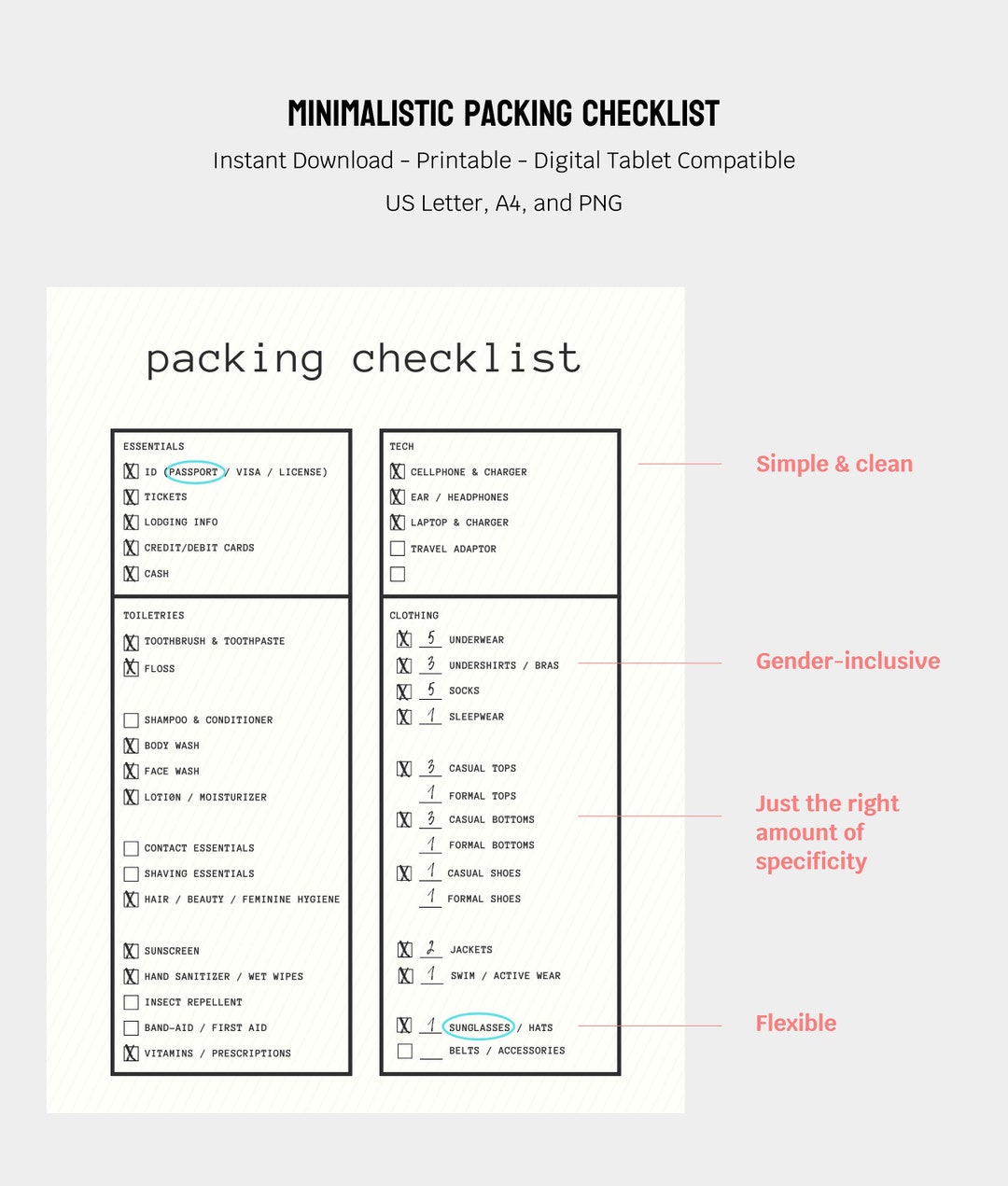 Minimalistic Packing Checklist | Instant Download | Printable ...