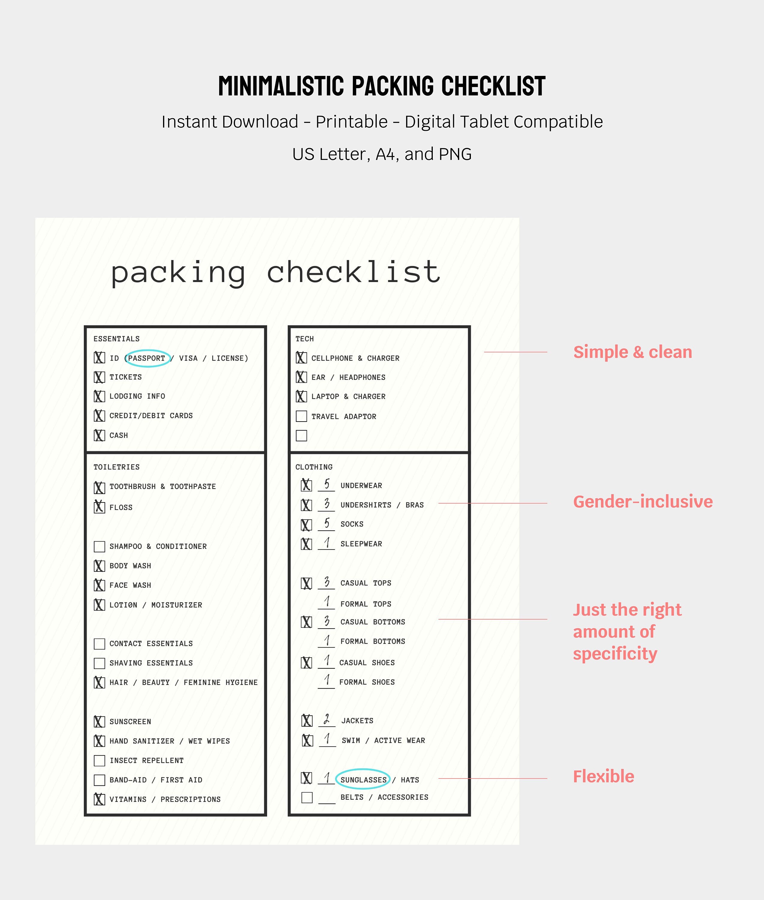 Minimalistic Packing Checklist Instant Download Printable Editable ...
