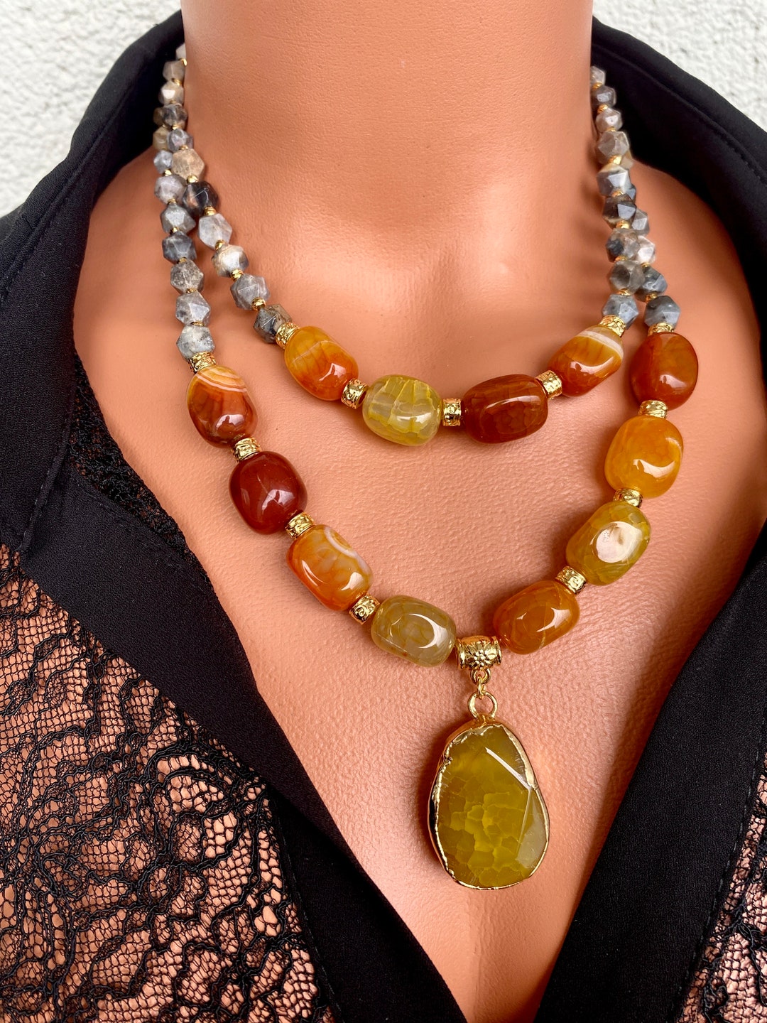 Agate and Jasper Layered Necklace With Agate Pendant, Big Bold ...