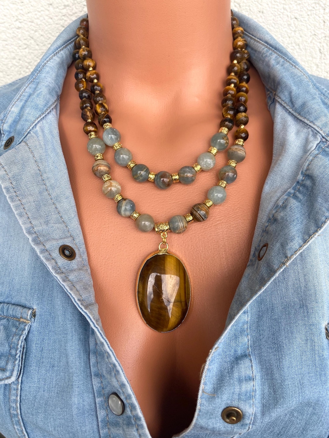 Blue Calcite & Tiger's Eye Necklace Set: 18K Gold Plated Pendant - Etsy