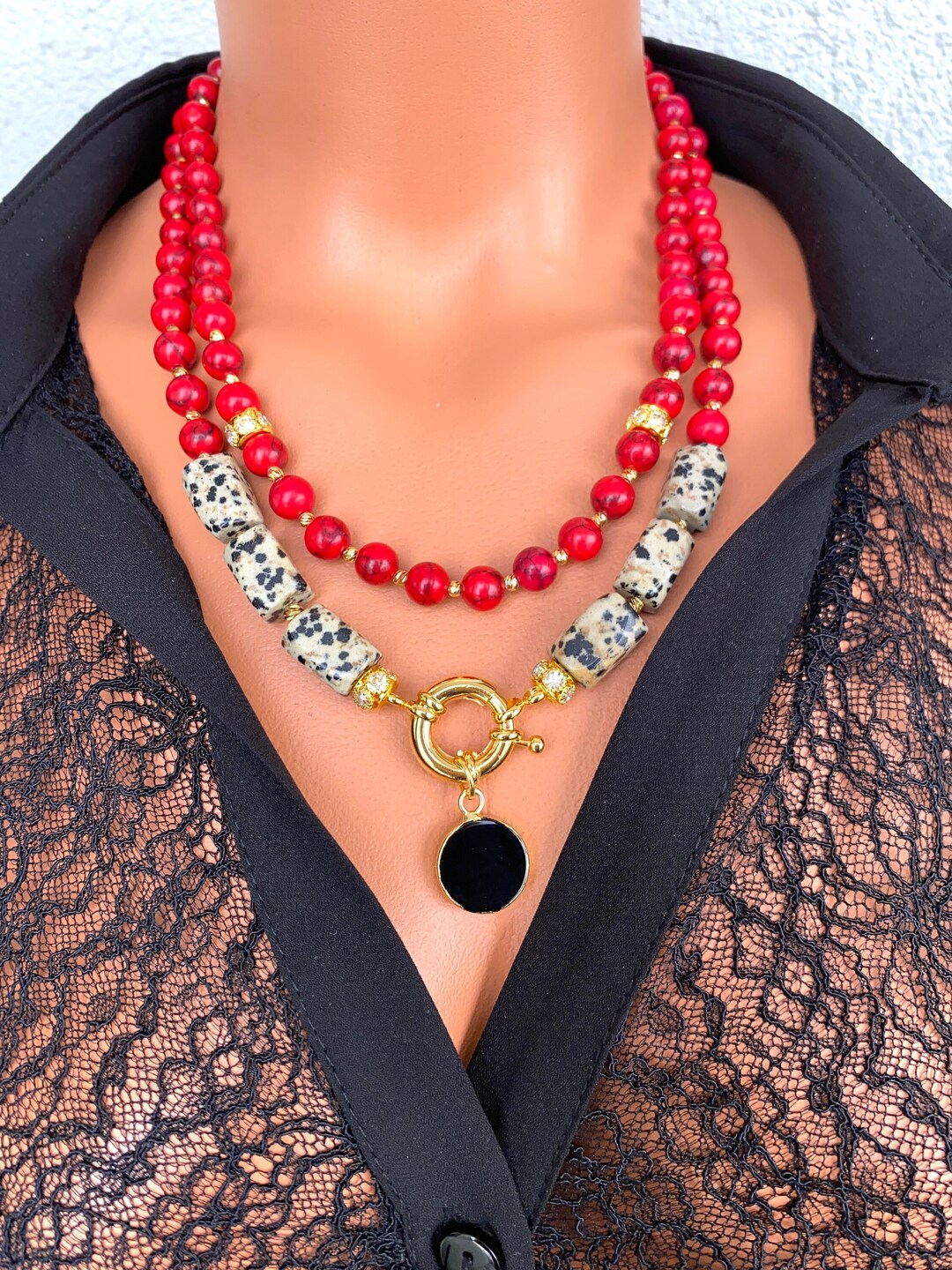 Layered Red Howlite Necklace Big Bold Gemstone Necklace Set - Etsy