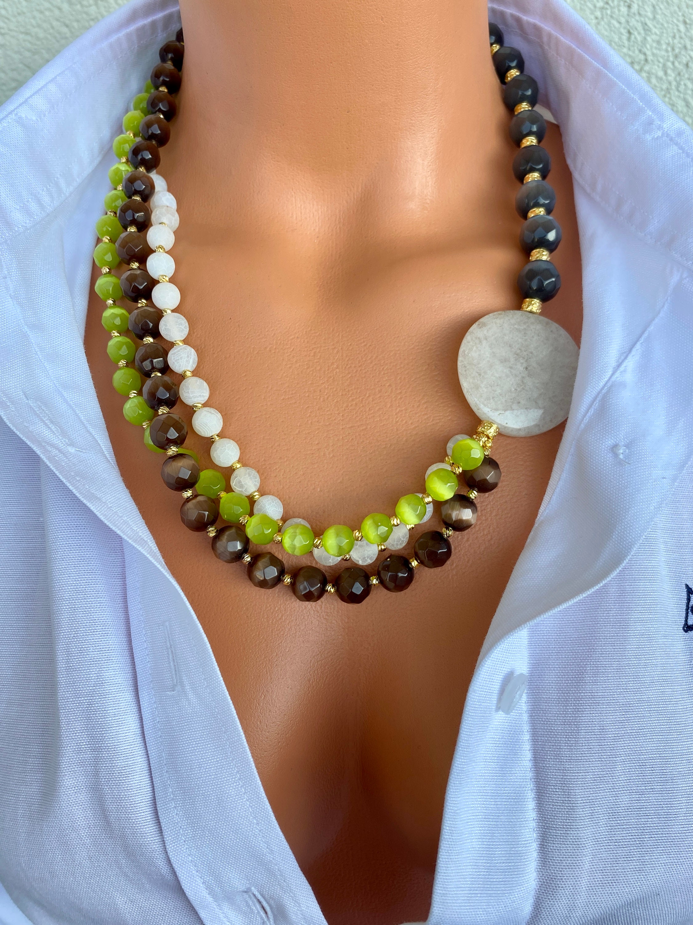 Cats Eye and Matte Agate Necklace, Unique Statement Necklace, Big Bold ...