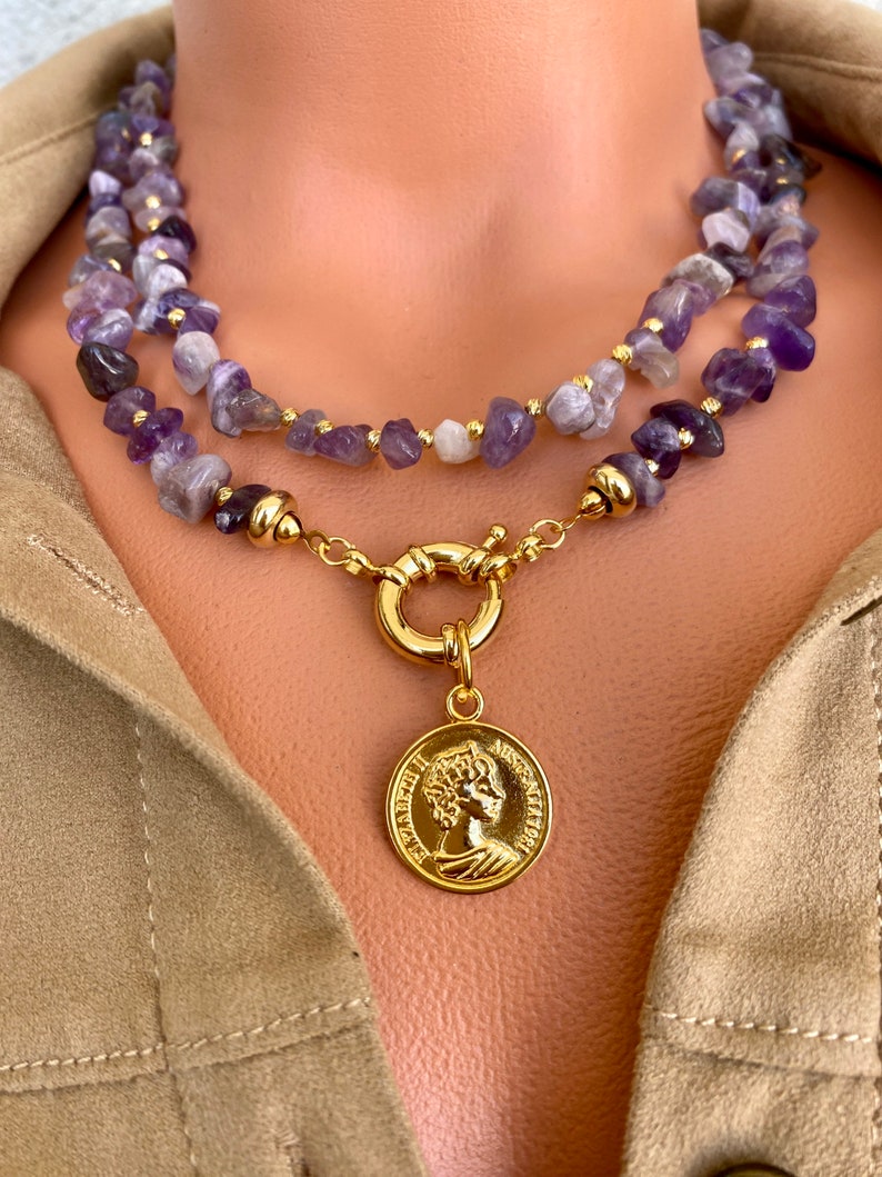 Amethyst Boho Necklace, Layered Amethyst Necklace With 18K Gold Plated ...