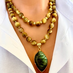 Tigers Eye Statement Necklace With Labradorite Pendant, Summer Necklace, Women Jewelry, Gift for ...