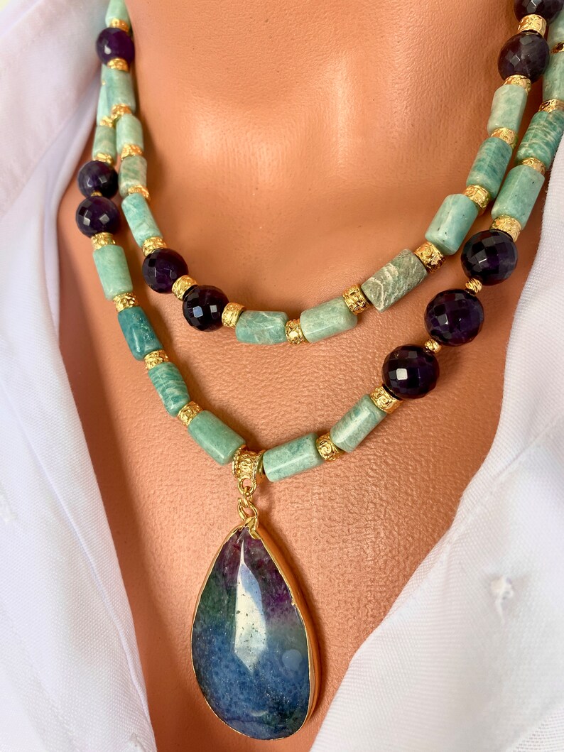 Amazonite and Amethyst Necklace With Agate Pendant, Healing Crystal ...