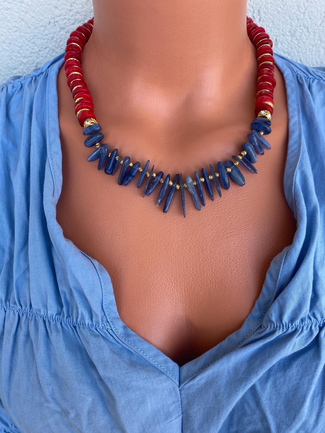 Red Coral & Blue Kyanite Gemstone Necklace: 18K Gold Plated - Etsy