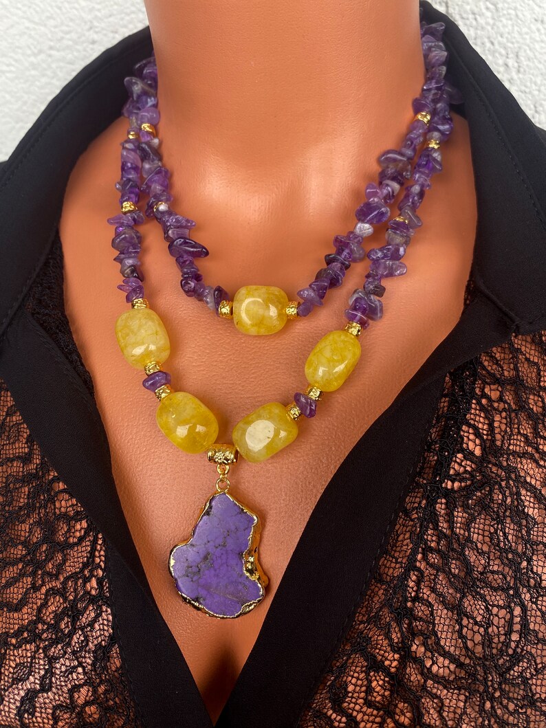 Amethyst and Citrine Statement Necklace With Variscite Pendant, Unique ...