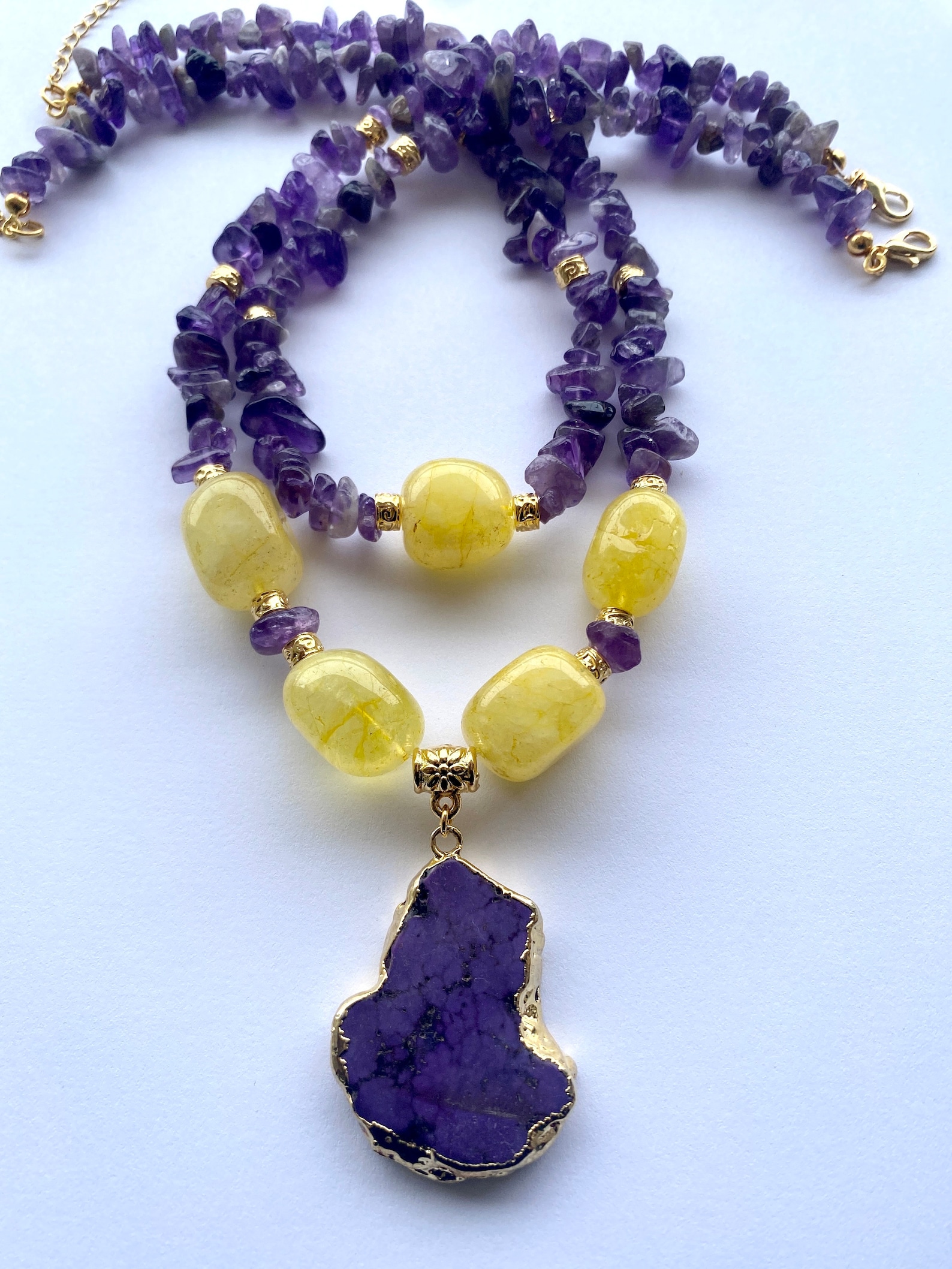 Amethyst and Citrine Statement Necklace With Variscite Pendant, Unique ...
