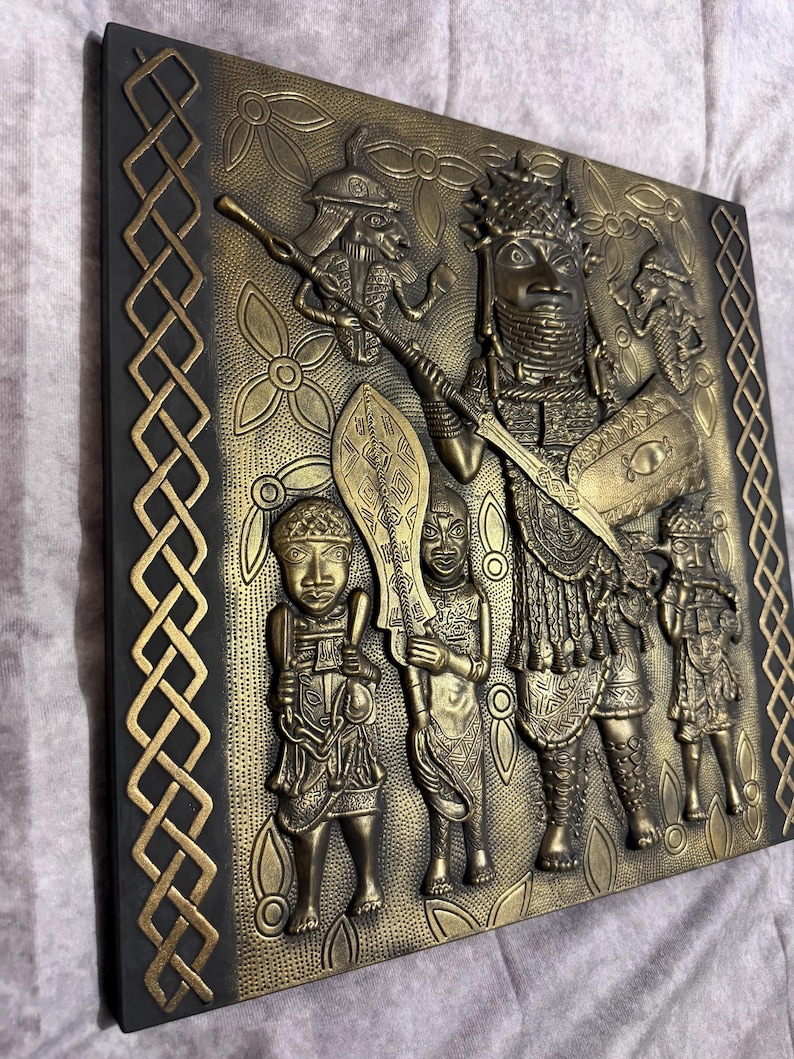 African Art - Benin Bronze Style Plaque – Bas-relief Concrete Wall ...