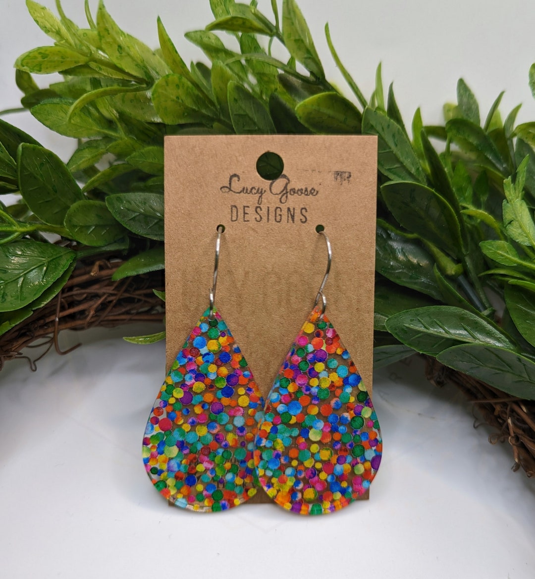 Rainbow Dot Acrylic Teardrop Earrings, Rainbow Confetti Earrings ...