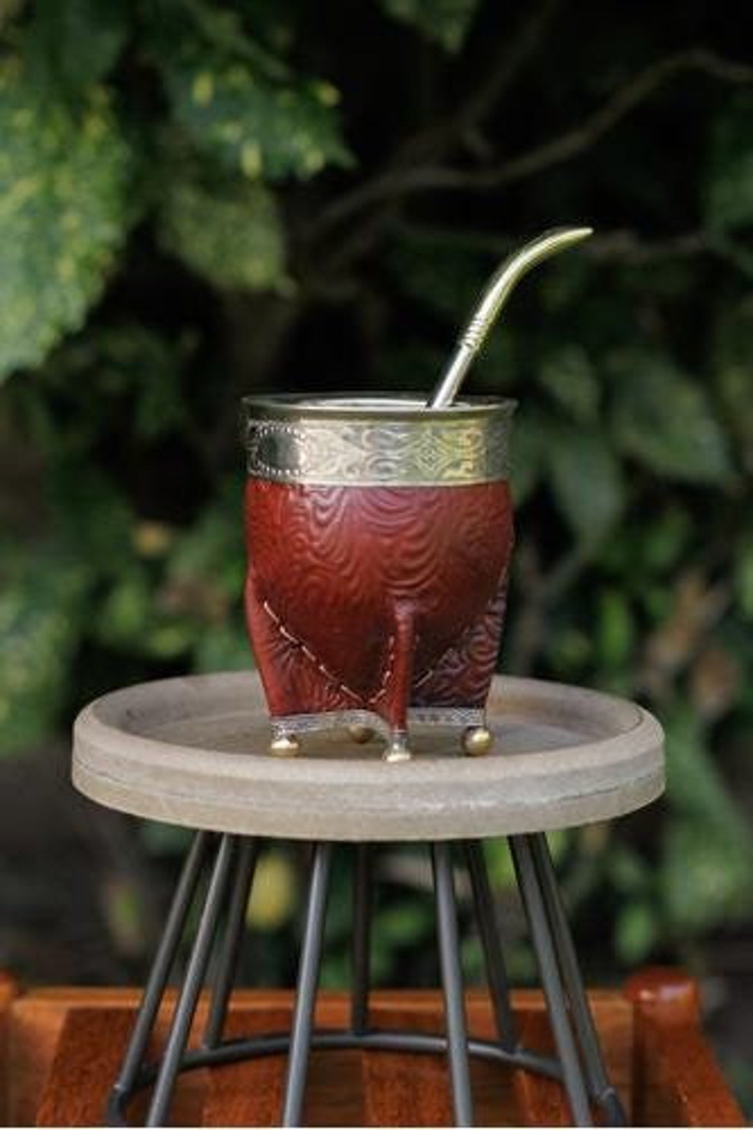 Mate Imperial Cuero Repujado Bordo, Base Bolitas Bronce Y Bombilla ...
