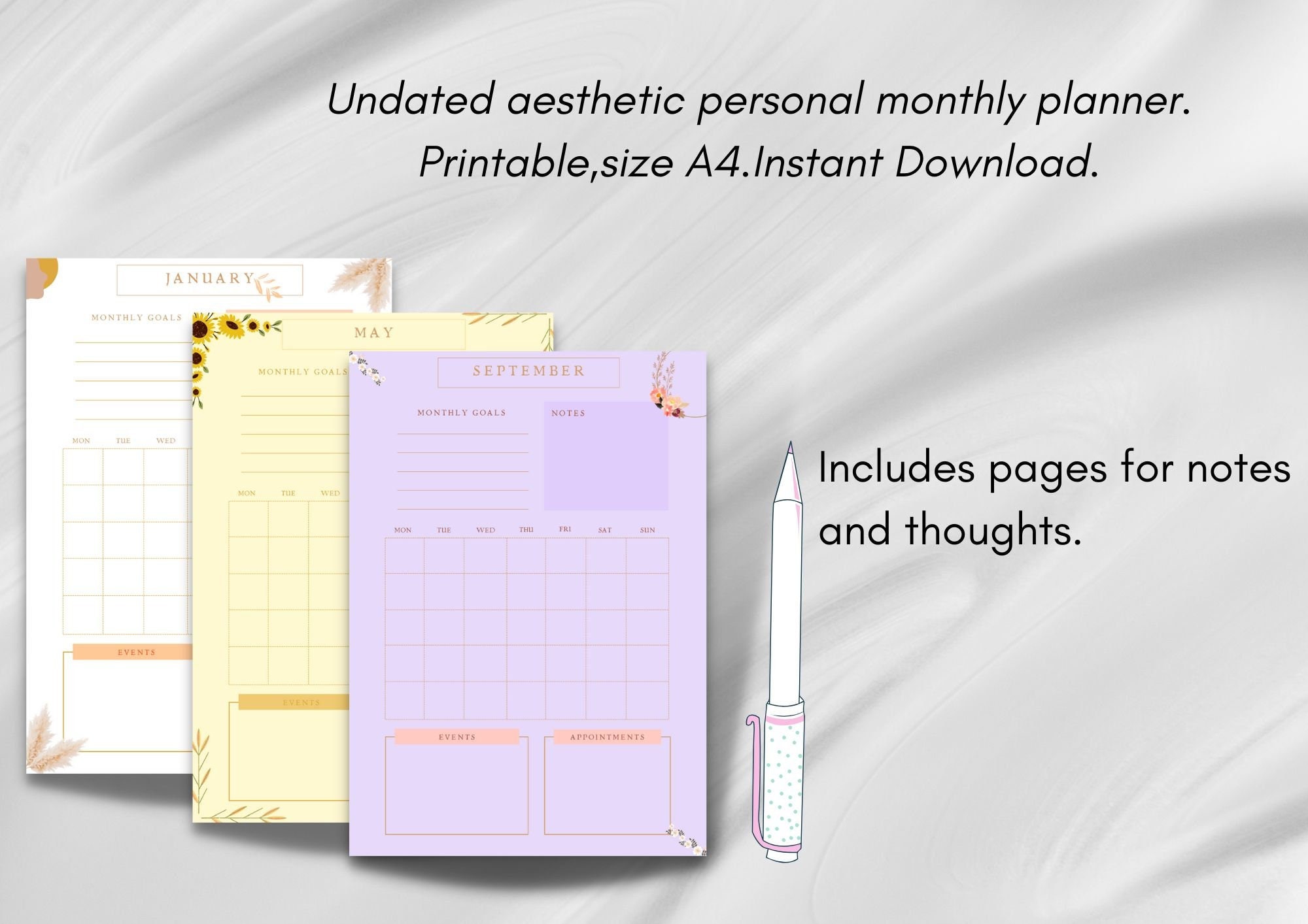 Printable Monthly Personal Planneraesthetic Calendarundated Plannersize ...
