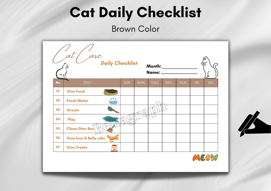 Daily Cat Care Chart,cat Care Checklist,cat Feeding Planner,printable ...