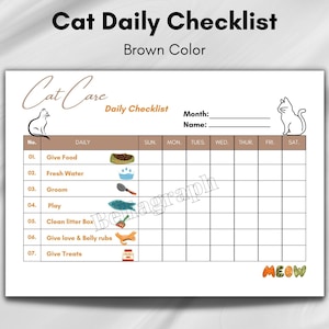 Daily Cat Care Chart,cat Care Checklist,cat Feeding Planner,printable ...
