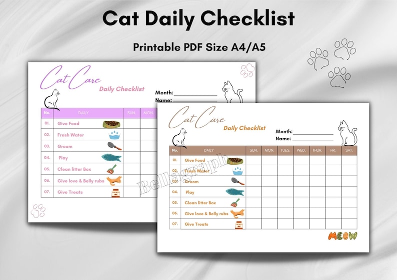 Daily Cat Care Chart,cat Care Checklist,cat Feeding Planner,printable ...