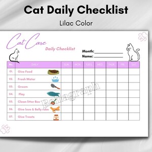 Daily Cat Care Chart,cat Care Checklist,cat Feeding Planner,printable ...