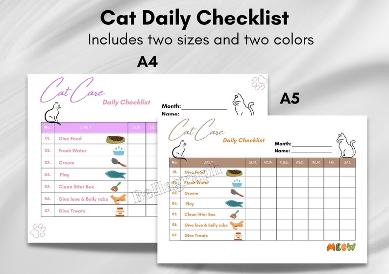 Daily Cat Care Chart,cat Care Checklist,cat Feeding Planner,printable ...