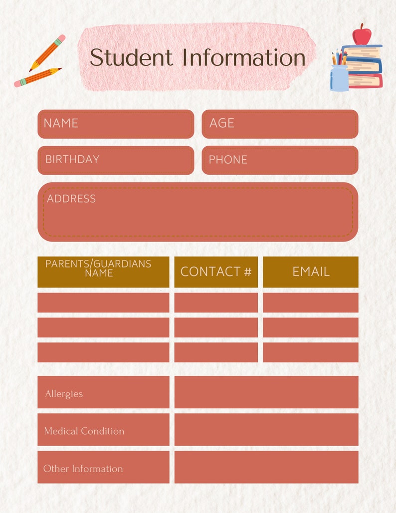 Student Information Page for Teachers and Parents - Etsy