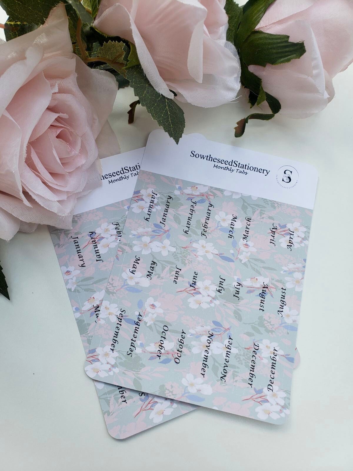 Monthly Tab Stickers, Floral Green Tabs, Planner Tabs, Periwinkle Tab ...