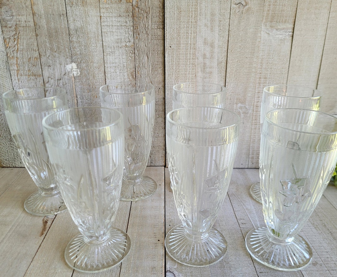 Gorgeous Vintage Footed Water Glasses-jeannette Iris and Herringbone Pattern, Pressed Glass - Etsy