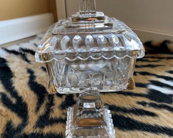 Vintage Decorative Clear Glass & Gold Square Candy Dish on Pedestal ...