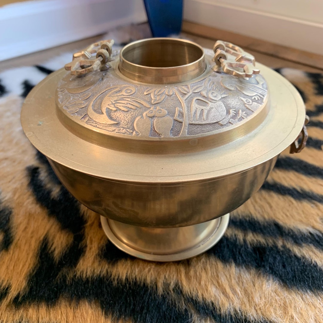 Vintage Ornate Korean Gold Tone Brass Brazier Fondue Rice Steamer ...