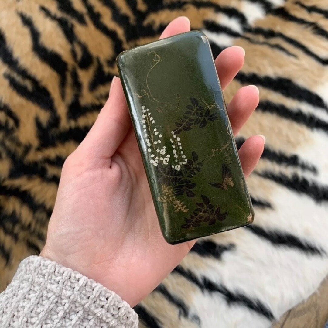 Vintage Japanese Green Botanical Butterfly Hand Painted Lacquerware ...