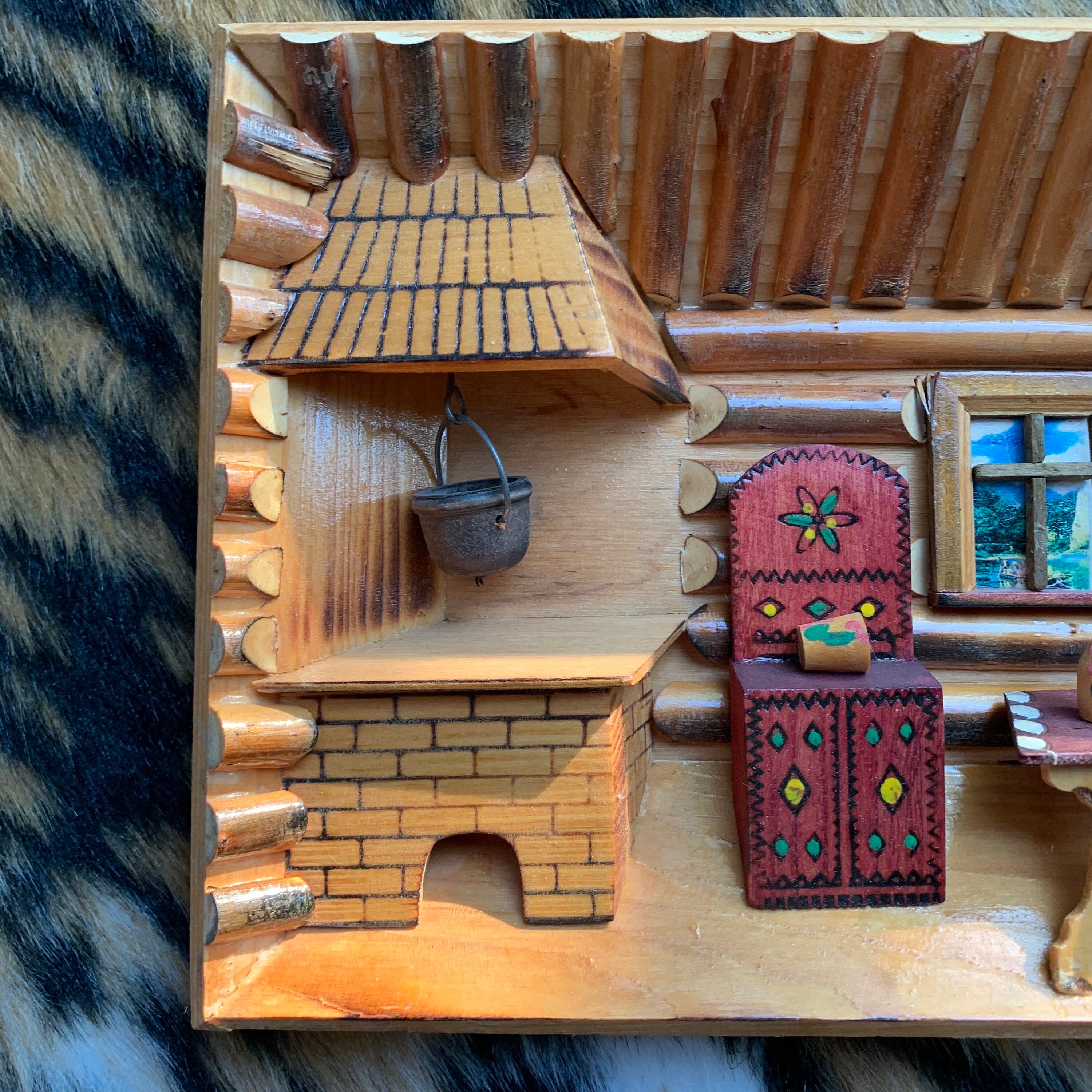 Vintage Handcrafted Wood 3D Diorama Rustic Log Cabin Scene Wall Hanging ...