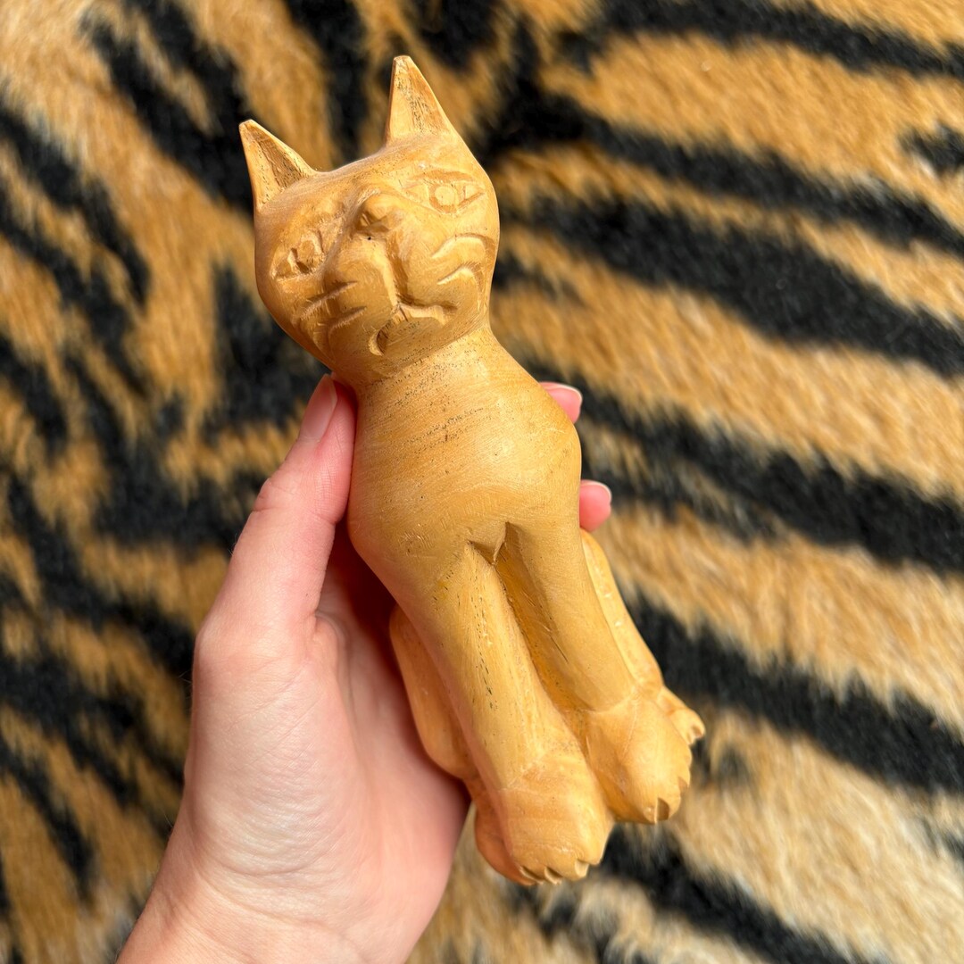 Vintage Hand Carved Wood Cat Figurine Folk Art Wooden Cat Sculpture - Etsy