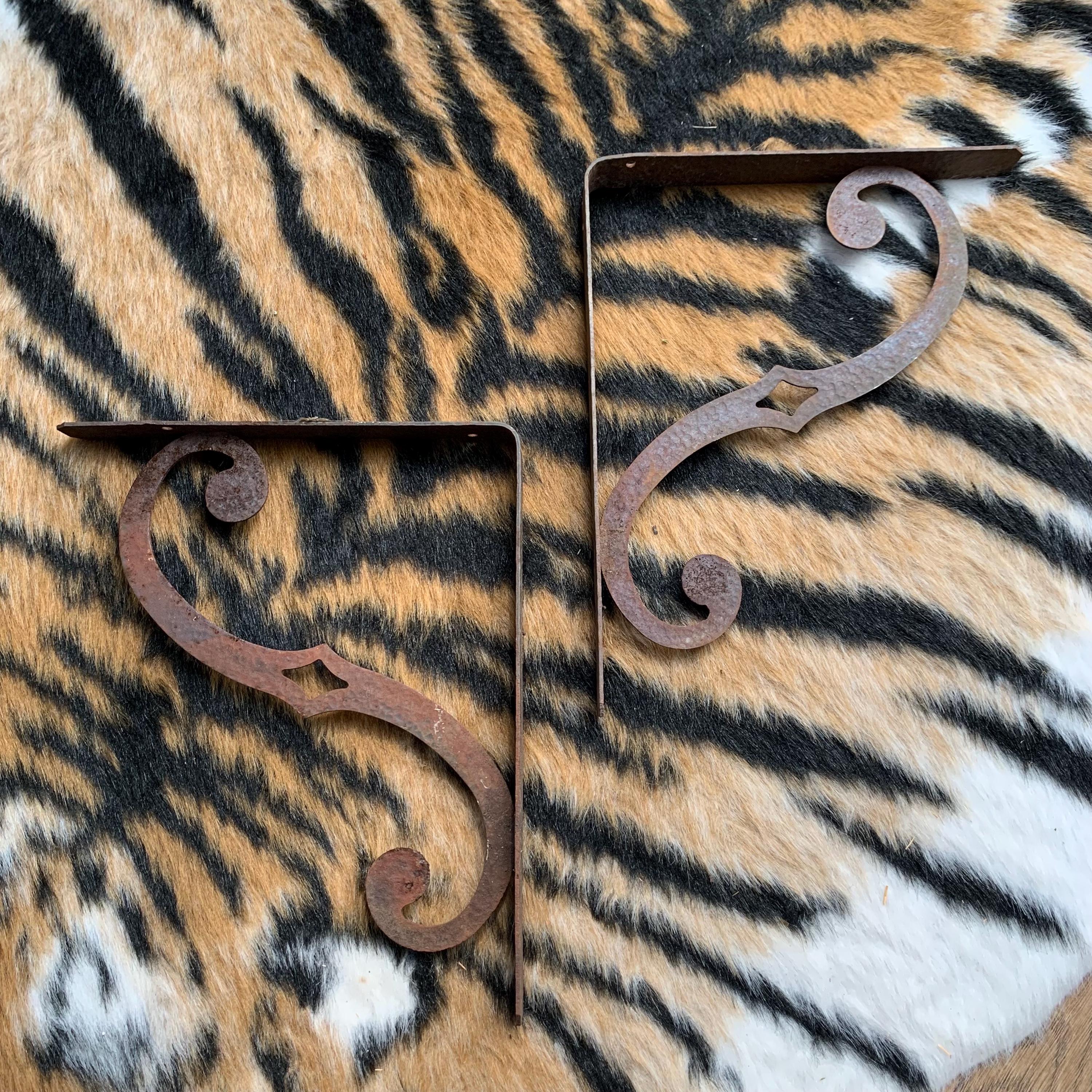 Set of 2 Large Vintage Ornamental Scroll Wrought Iron Metal Brackets ...