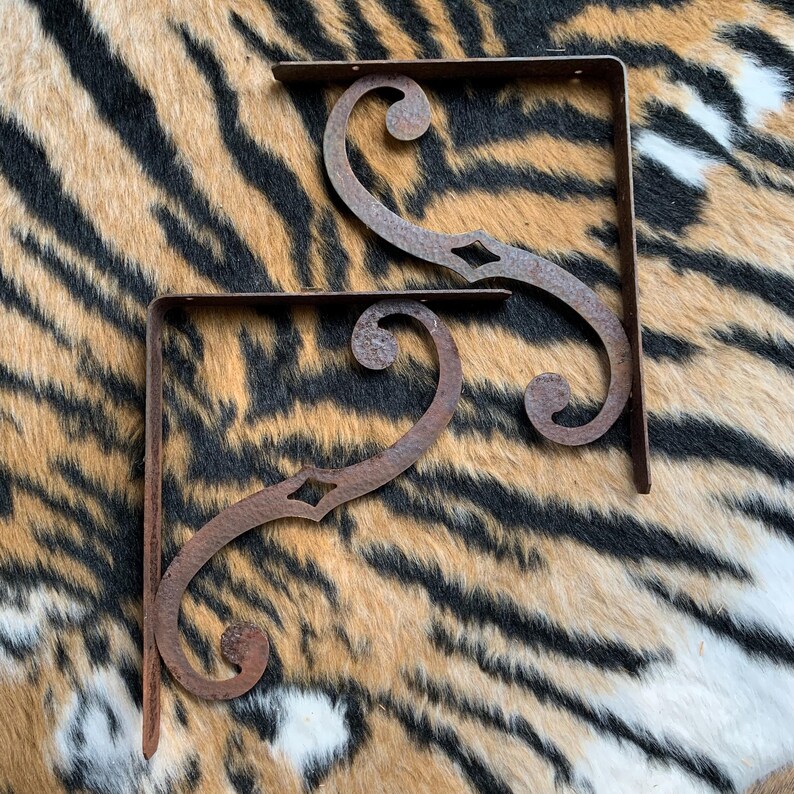 Set of 2 Large Vintage Ornamental Scroll Wrought Iron Metal Brackets ...