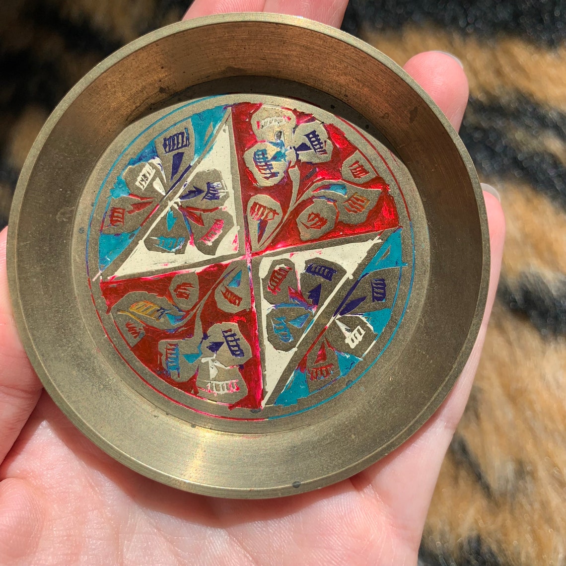 Set of 2 Vintage Round Stacking Hand Painted Brass Trinket Dishes Ring ...