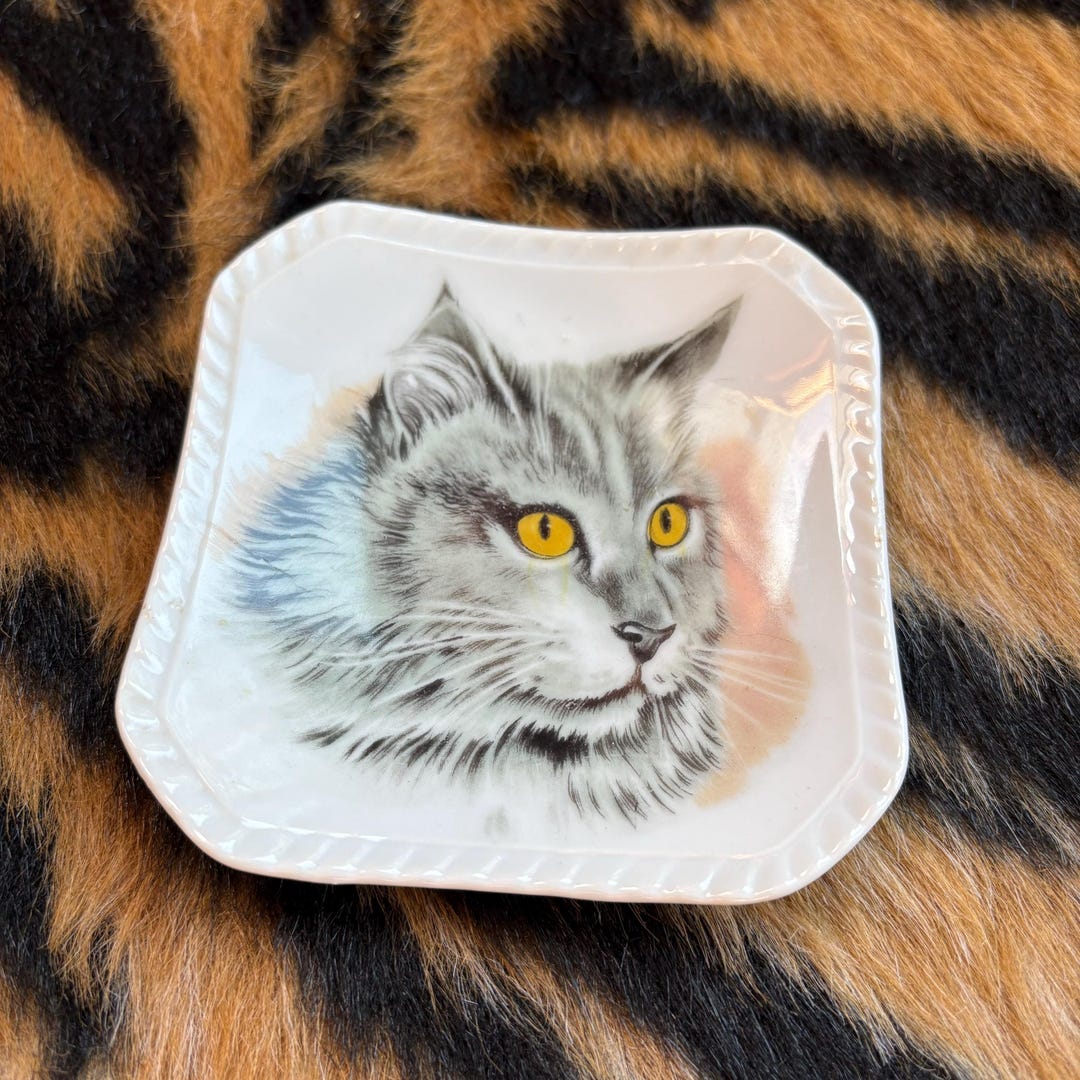 Vintage CM Inc. Chadwick Miller Small Square Porcelain Gray Maine Coon ...