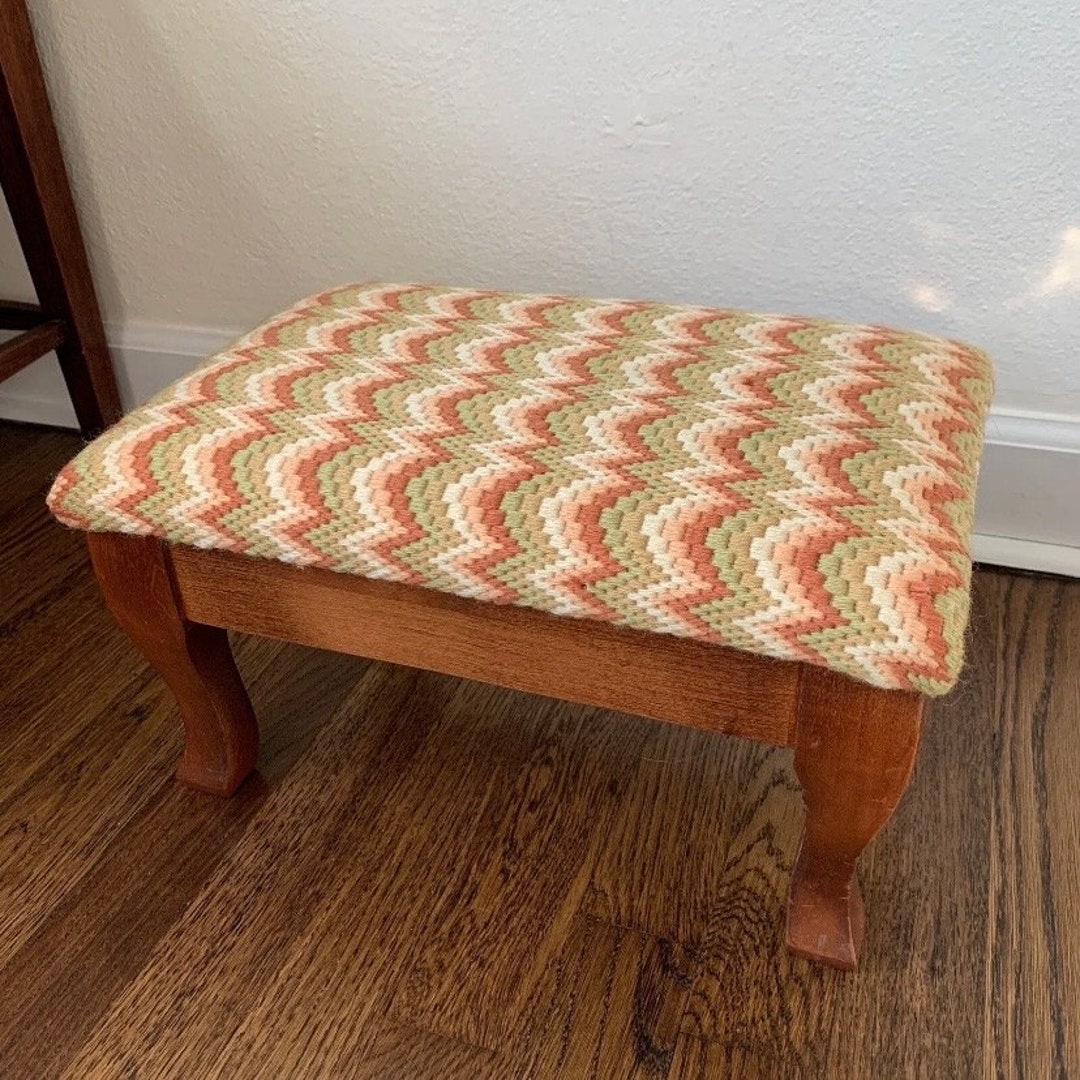 Vintage MCM Flame Stitch Needlepoint Foot Stool - Etsy