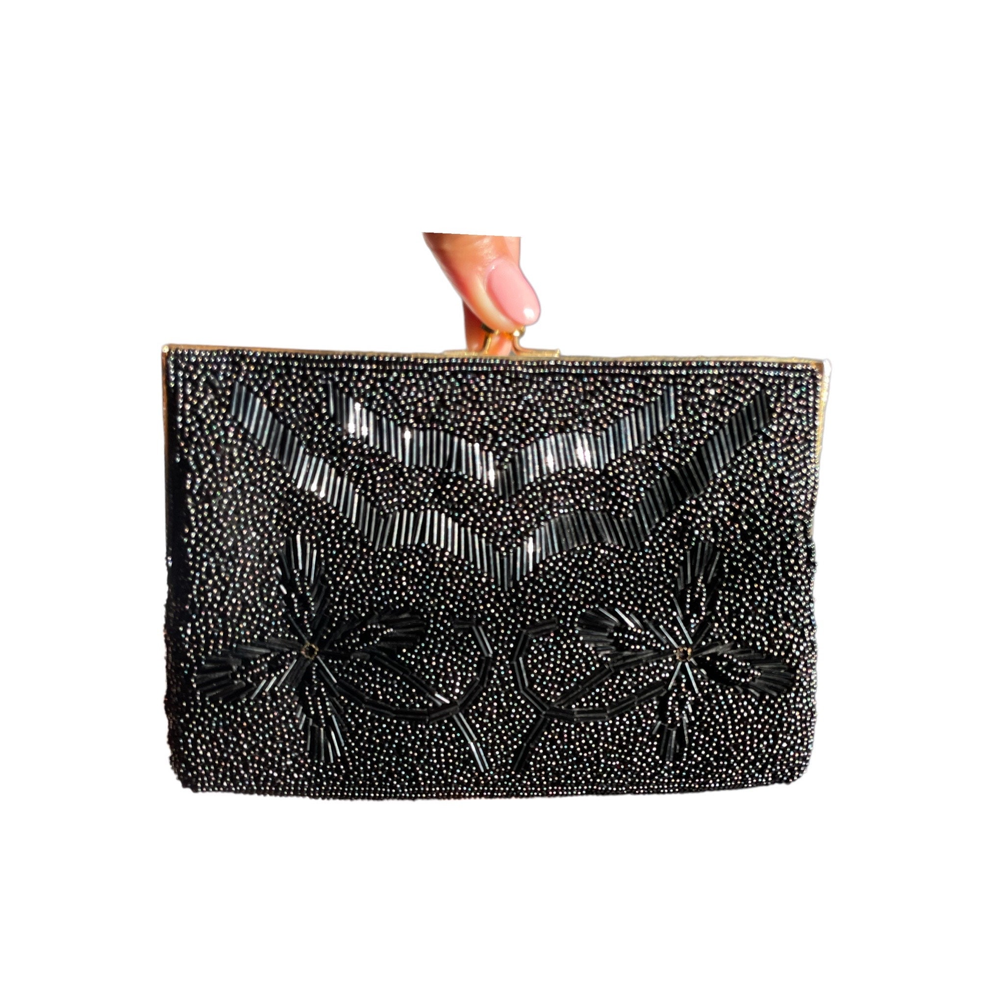 Vintage 1940s Black Hand Beaded Glass Bugle Beads Clutch Evening Bag ...